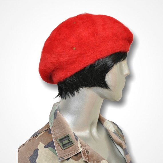 Vintage Red Angora Tam Beret Hat with Gold Studs - Gem