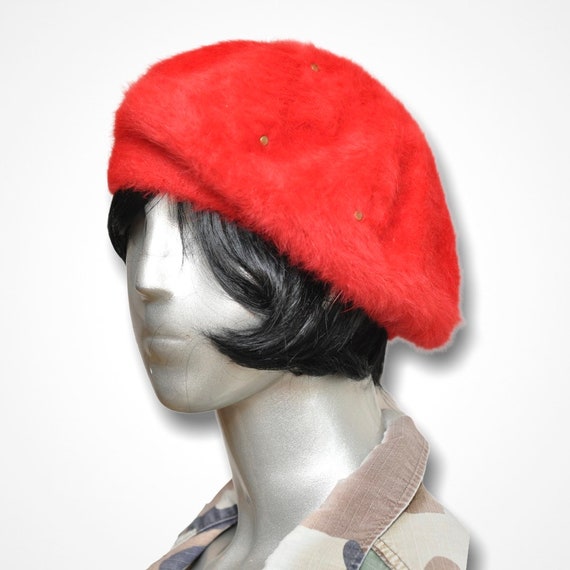 Vintage Red Angora Tam Beret Hat with Gold Studs - Gem