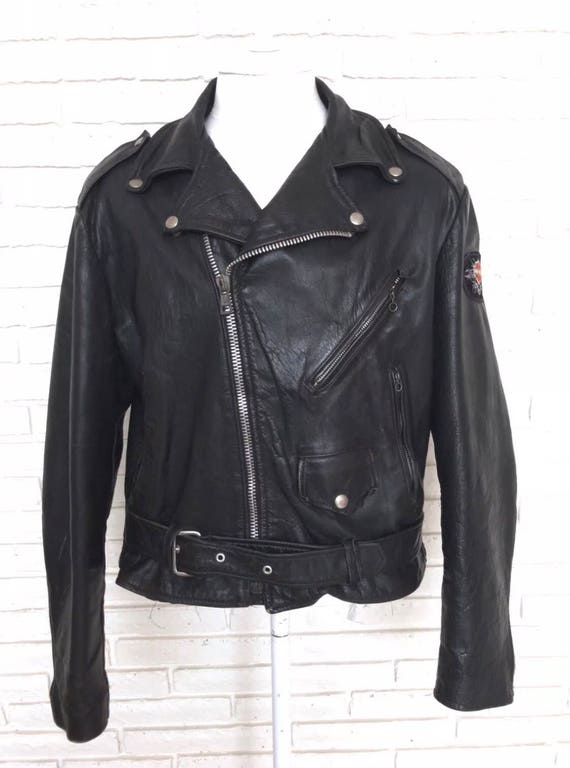 Vintage Black LEATHER Motorcycle Police Jacket Front … - Gem