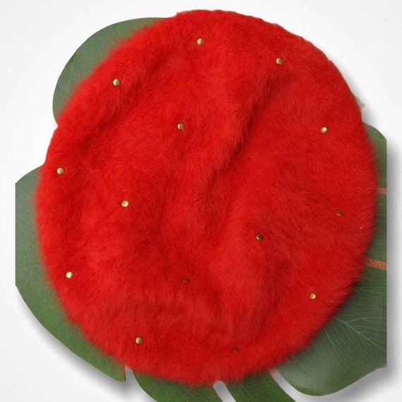 Vintage Red Angora Tam Beret Hat with Gold Studs - Gem