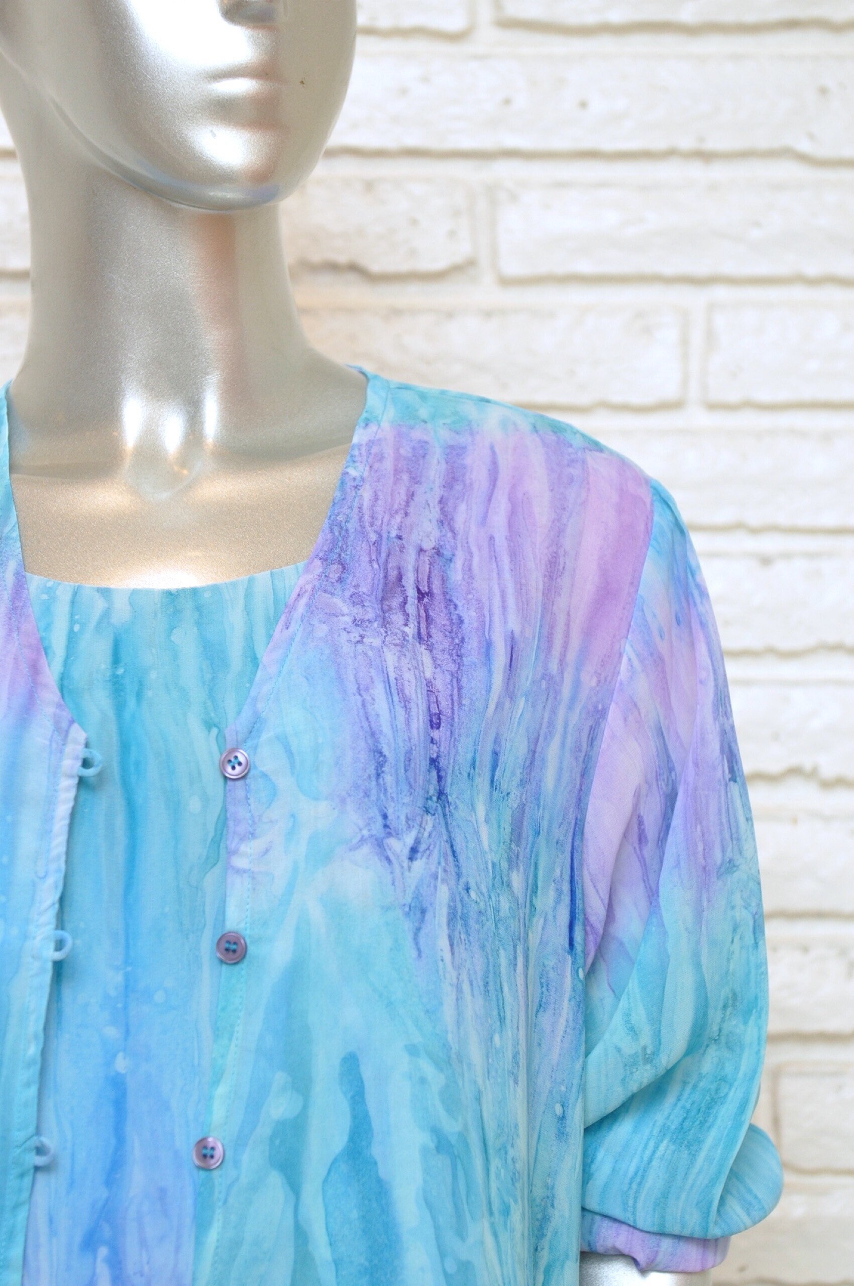Vintage Duster and Blouse Set Blue and Purple Watercolor Long Sheer ...