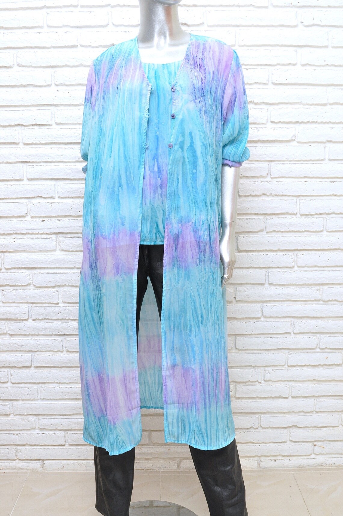 Vintage Duster and Blouse Set Blue and Purple Watercolor Long Sheer ...