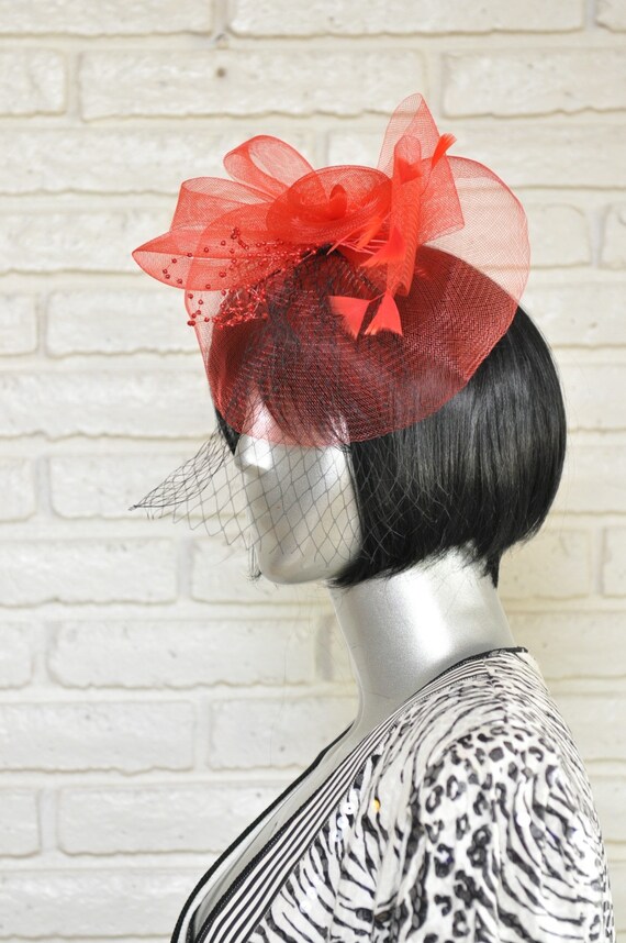 Vintage Red Fascinator Hat with feathers - Gem