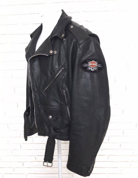Vintage Black LEATHER Motorcycle Police Jacket Front … - Gem