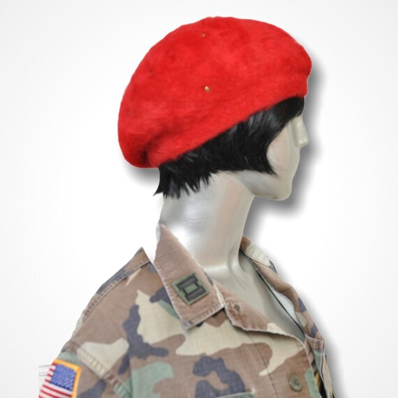 Vintage Red Angora Tam Beret Hat with Gold Studs - Gem