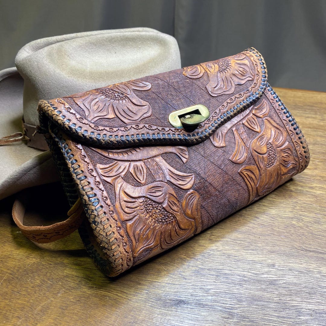 Vintage Mexican Leather Purse Hand Tooled Floral Design Shoulder Bag - Etsy