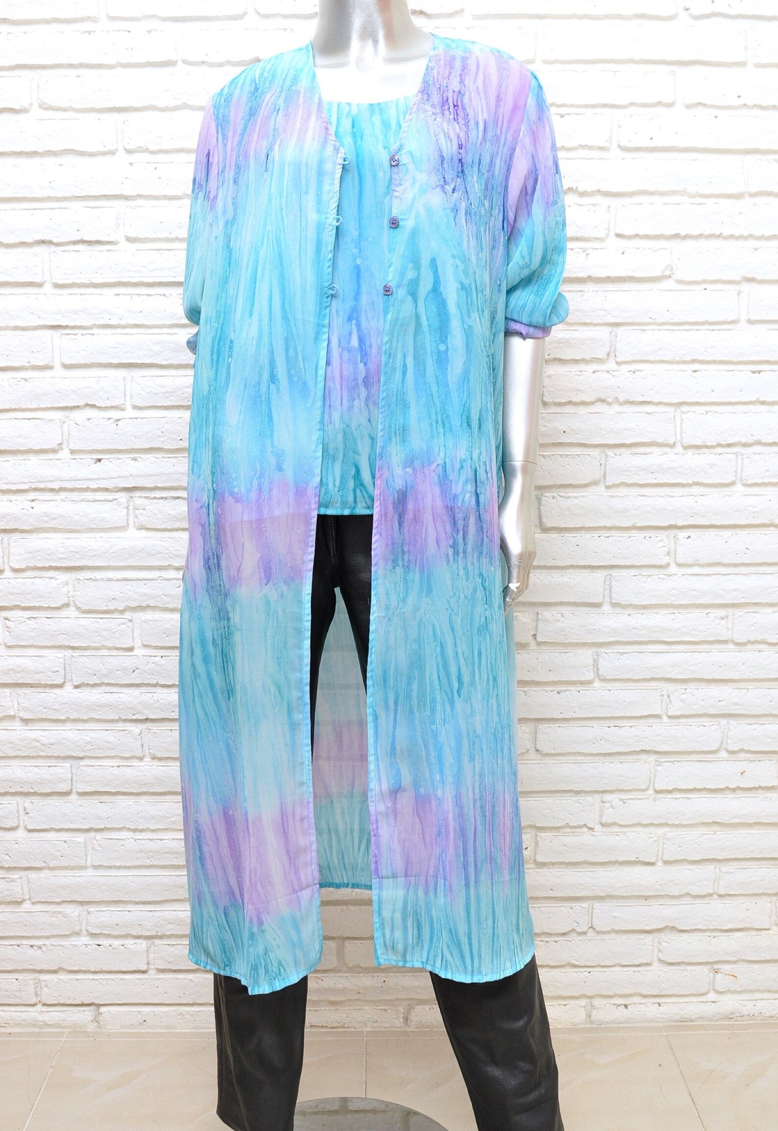 Vintage Duster and Blouse Set Blue and Purple Watercolor Long Sheer ...