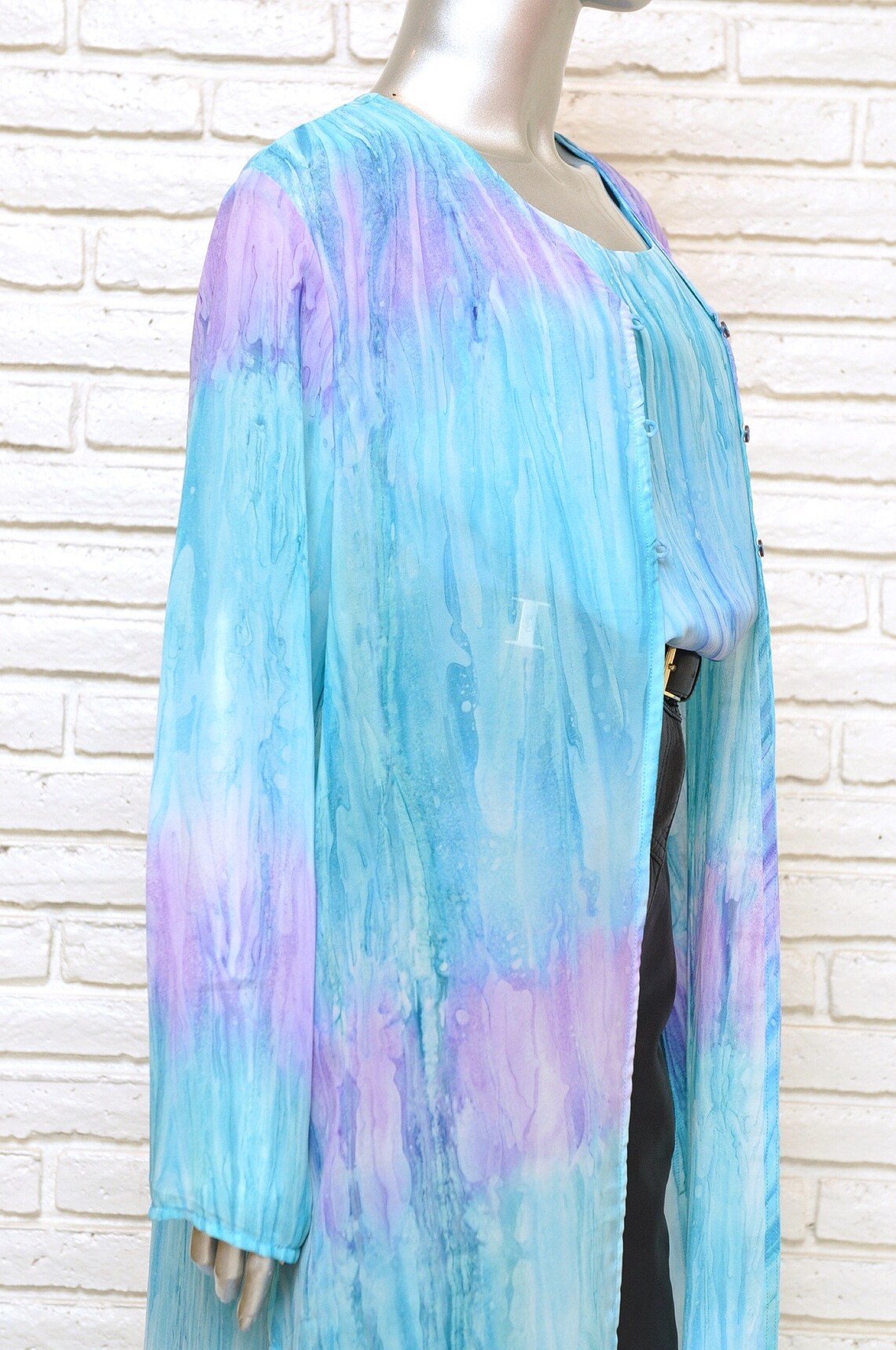 Vintage Duster and Blouse Set Blue and Purple Watercolor Long Sheer ...