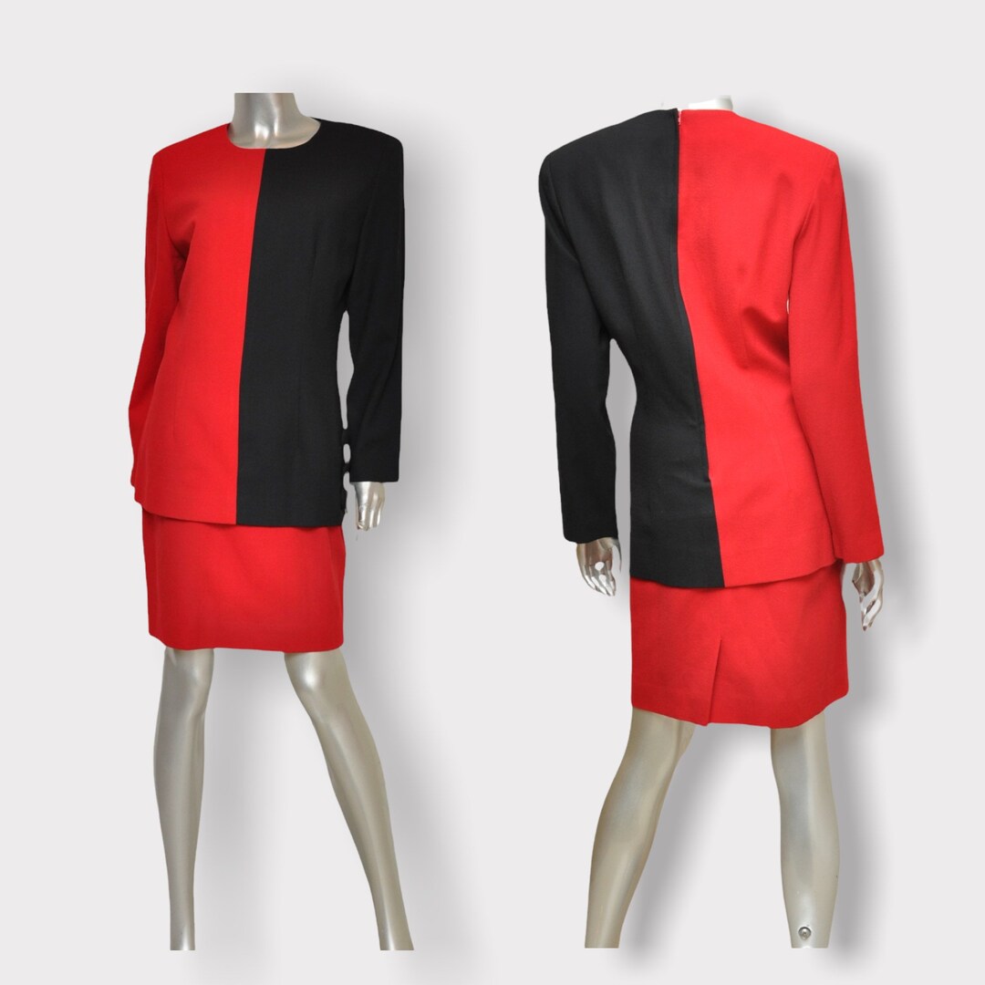 Vintage Red and Black Color Block Dress Size Knee Length Wool Dress 8/ ...