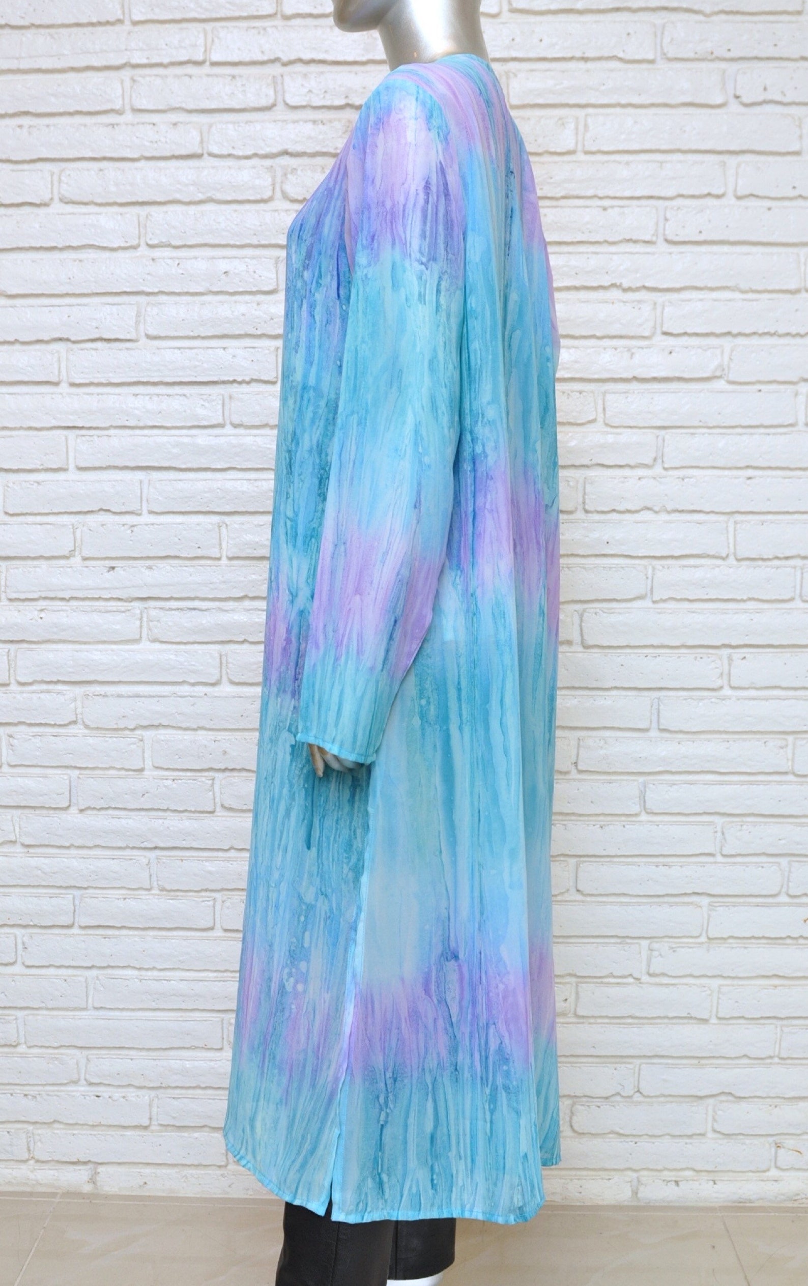 Vintage Duster and Blouse Set Blue and Purple Watercolor Long Sheer ...