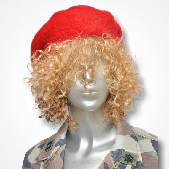 Vintage Red Angora Tam Beret Hat with Gold Studs - Gem