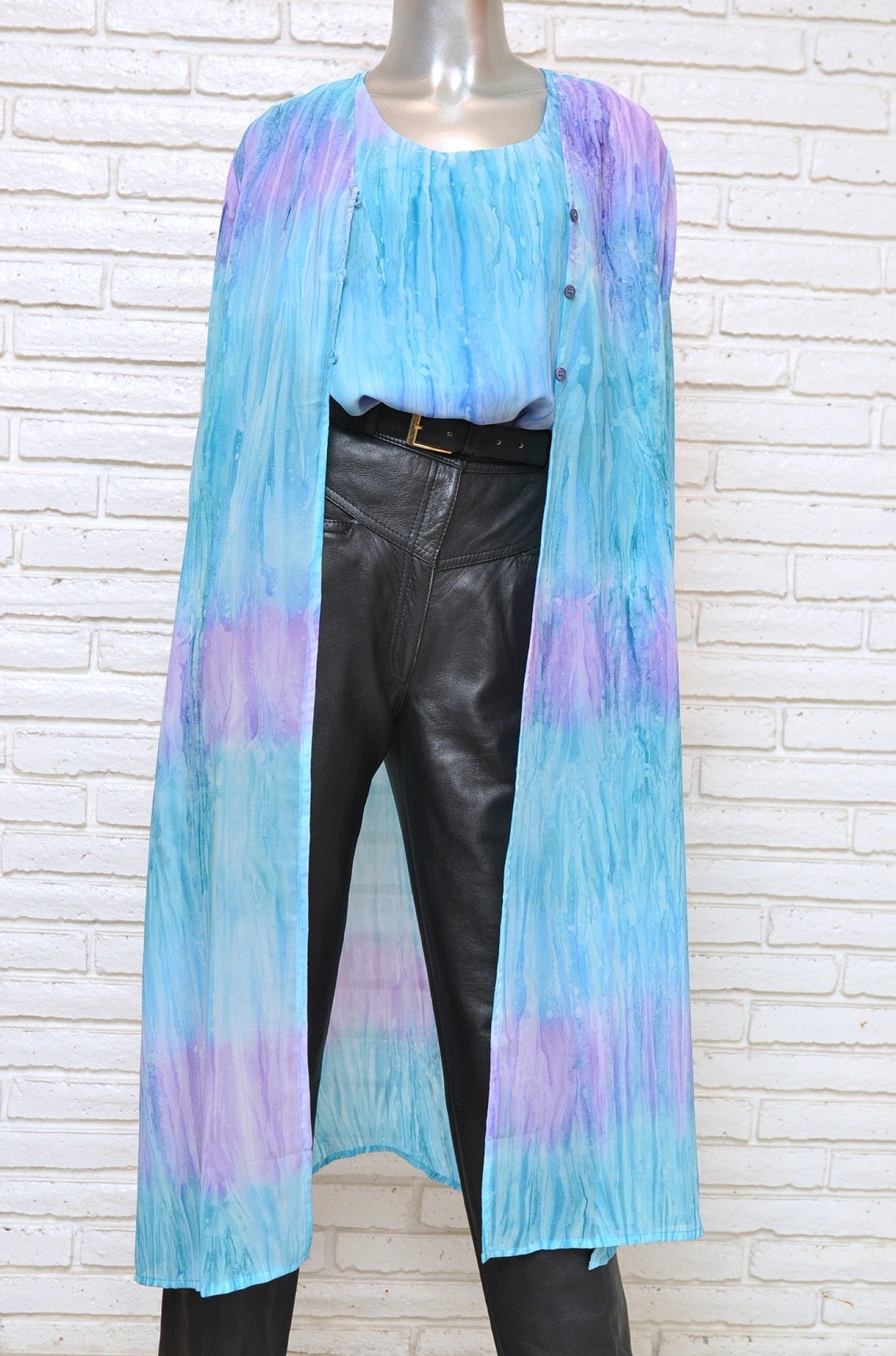 Vintage Duster and Blouse Set Blue and Purple Watercolor Long Sheer ...