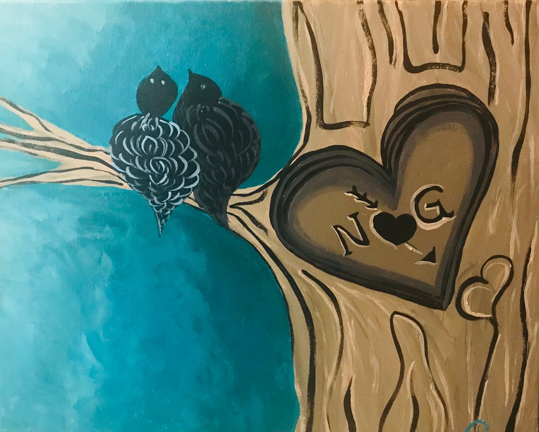 Personalized Love Birds and Carved Tree Original Canvas Painting 16x20 ...