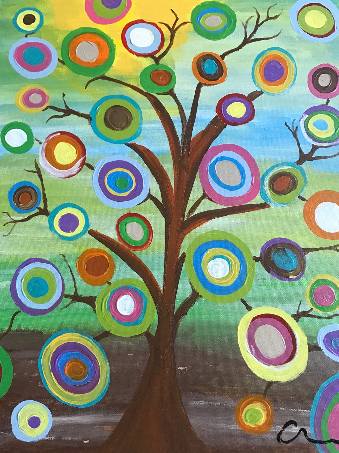 Retro Abrstact Tree Circle Art Multi Colored Canvas Painting - Etsy
