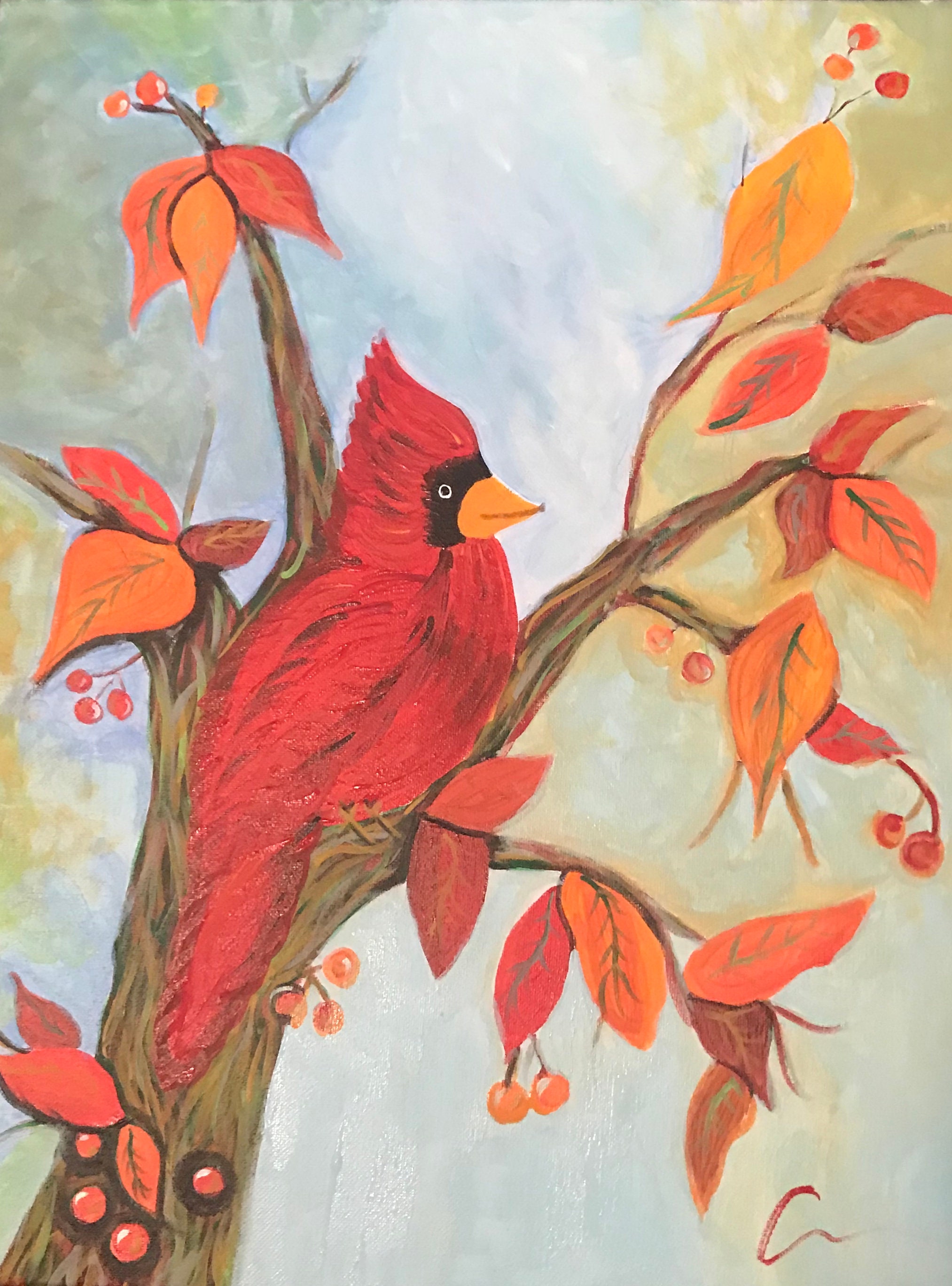 Cardinal in Autumn Original Canvas Painting 16x20 - Etsy