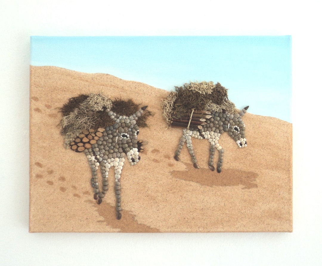 Donkeys in Seashell Mosaic on Sand 3D Wall Art, Original Donkey Art ...
