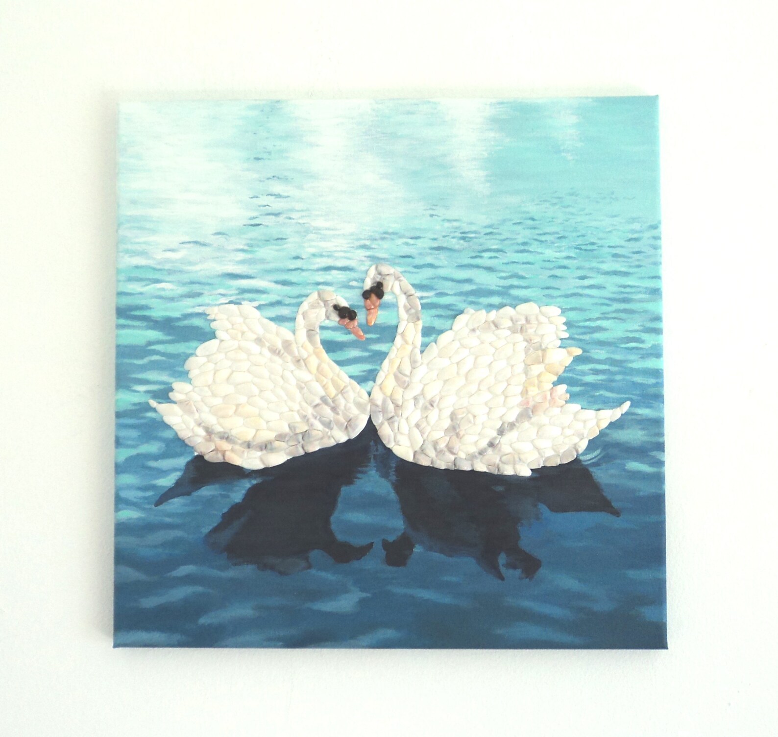 Swans in Seashell Mosaic 3D Wall Art, Swans Painting, Love Heart Swans ...