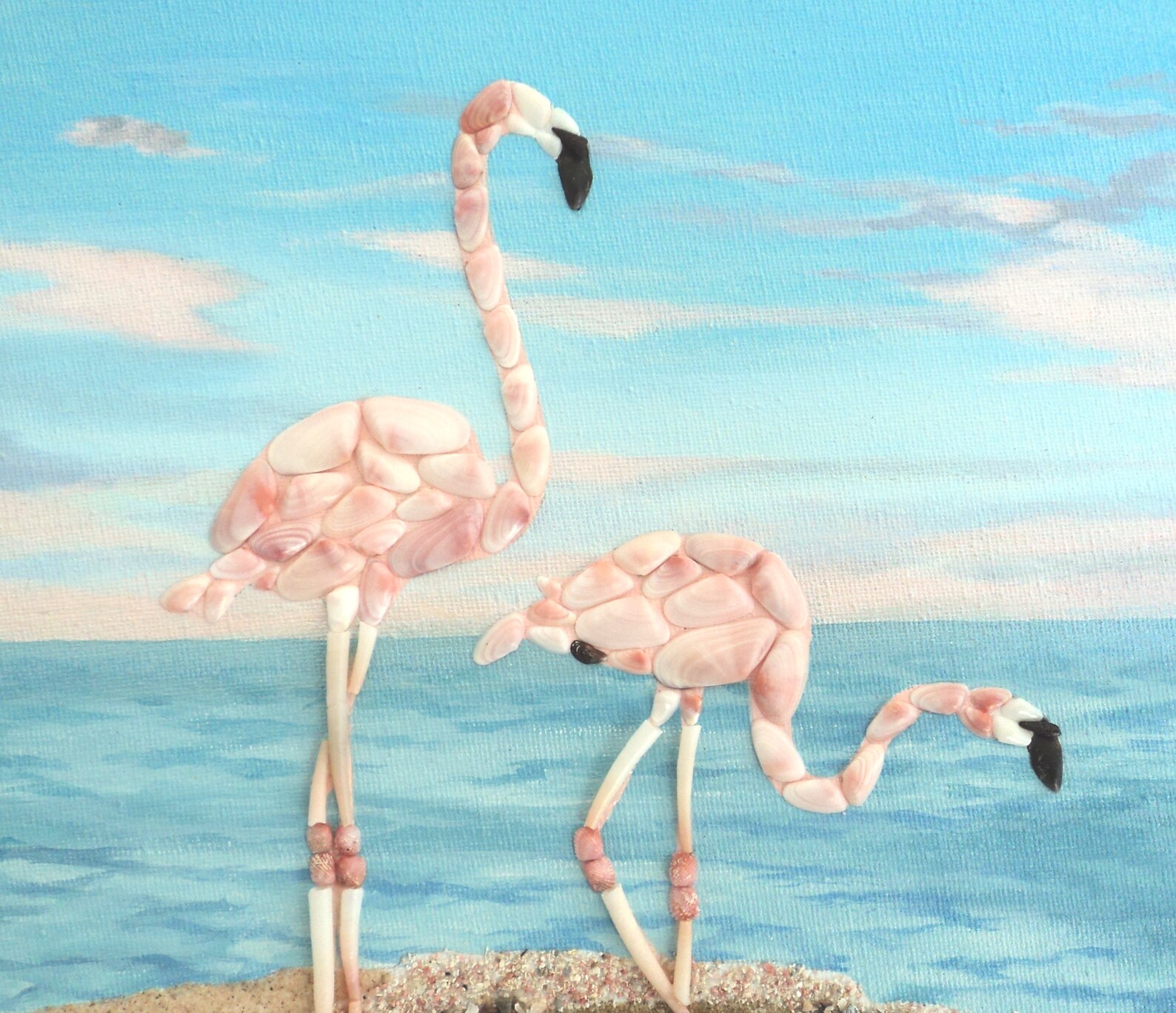 Pink Flamingos on the Beach in Seashell Mosaic Wall Art - Etsy