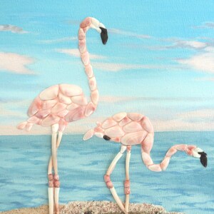 Pink Flamingos on the Beach in Seashell Mosaic Wall Art - Etsy