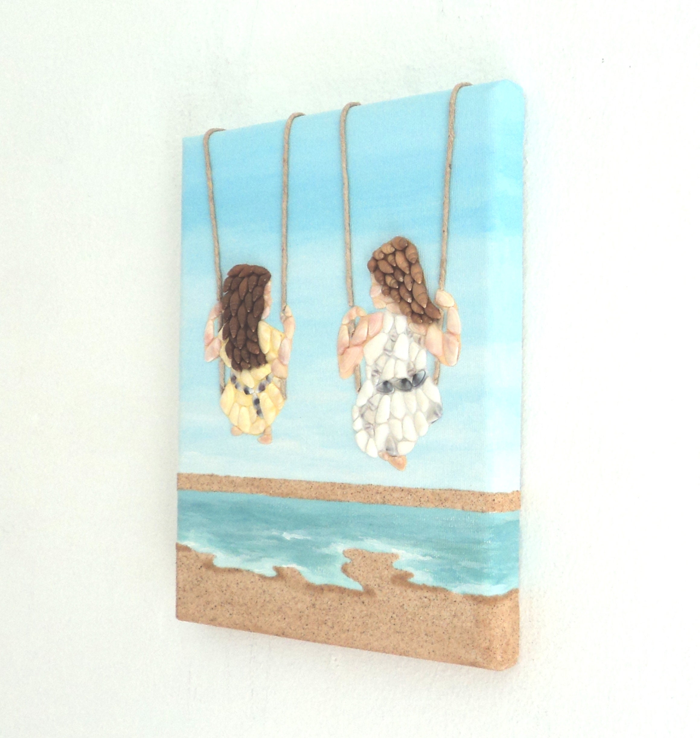 Girls on Swings on the Beach 3D Wall Art, Sisters on Swings Painting ...