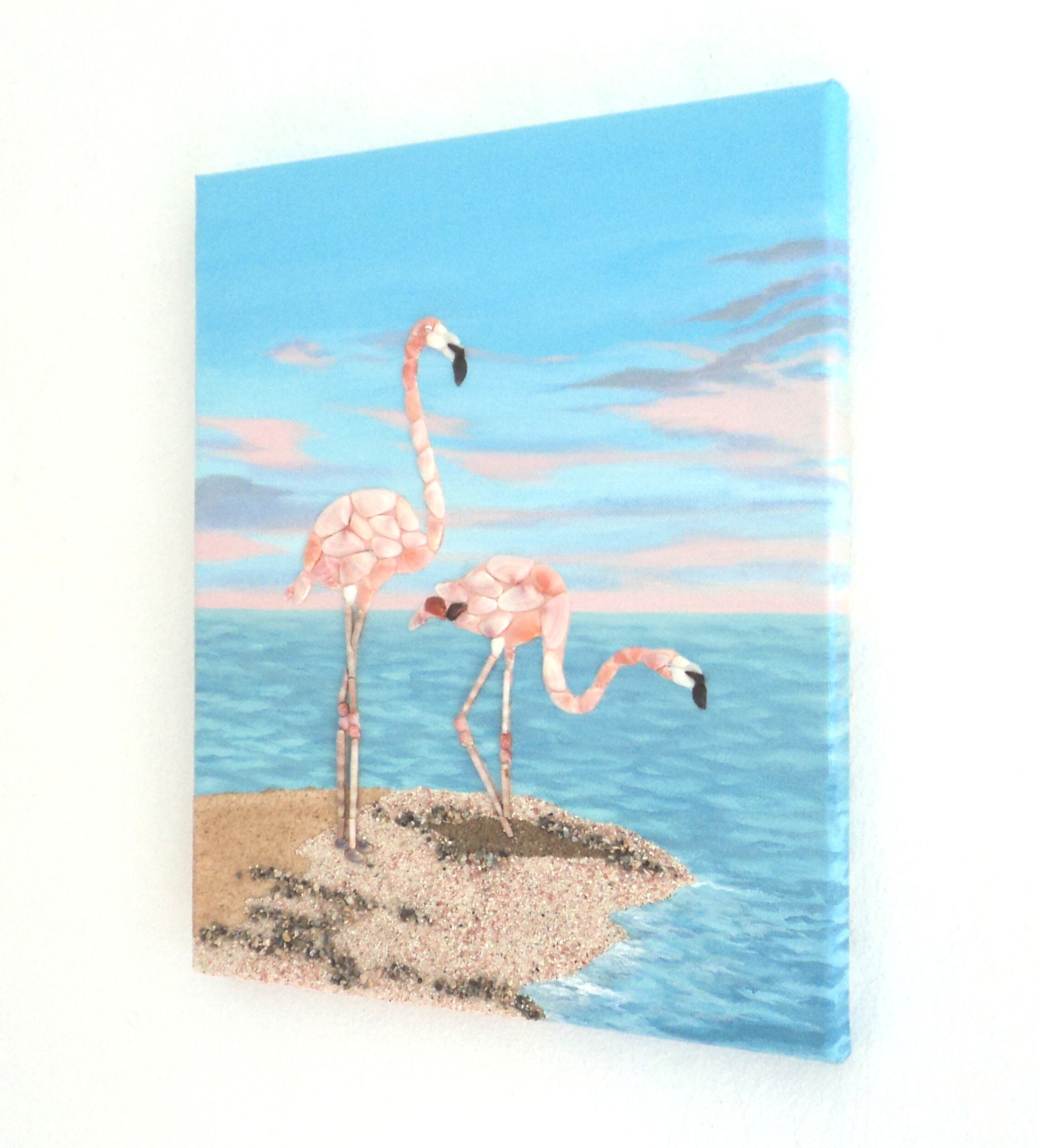 Pink Flamingos on the Beach in Seashell Mosaic Wall Art, Flamingos 3D ...