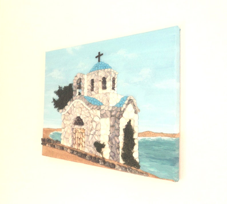 Chapel by the Sea in Seashell Mosaic 3D Wall Art, Greek Church Painting ...