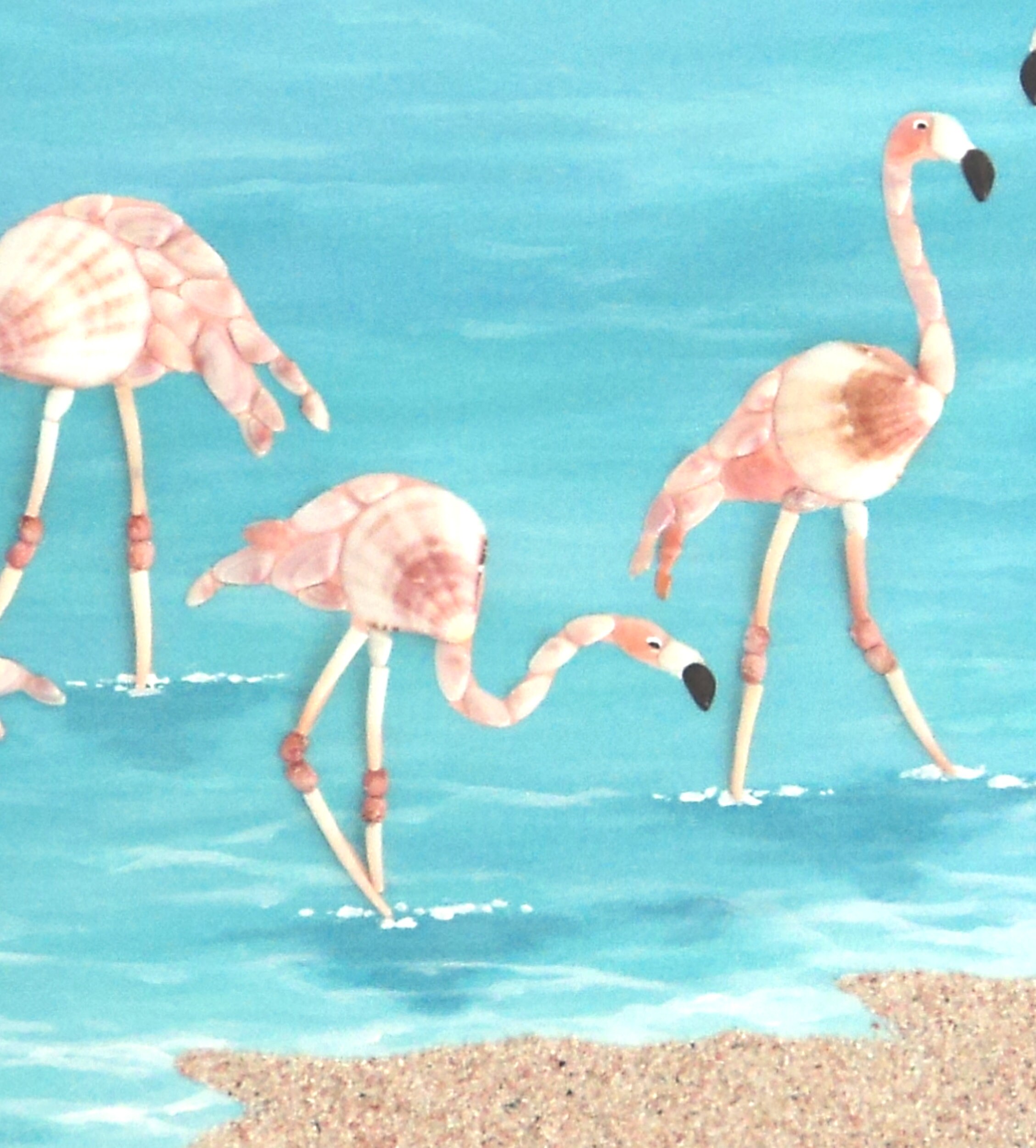 Flamingos in Seashell Mosaic 3D Wall Art, Pink Flamingos Painting ...