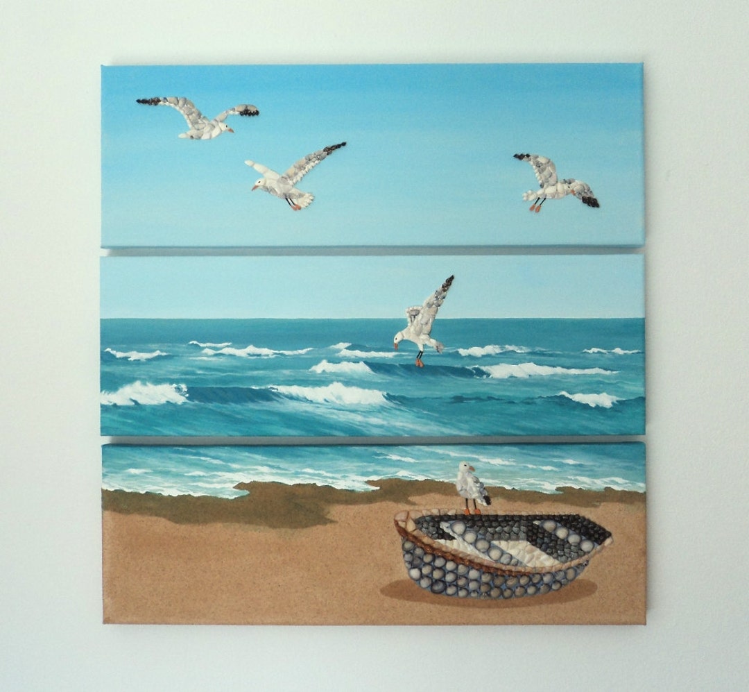 Boat on Beach & Seagulls Triptych in Seashell Mosaic Wall Art, 3D Beach ...
