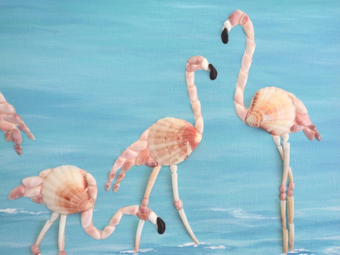 Flamingos in Seashell Mosaic 3D Wall Art Pink Flamingos | Etsy
