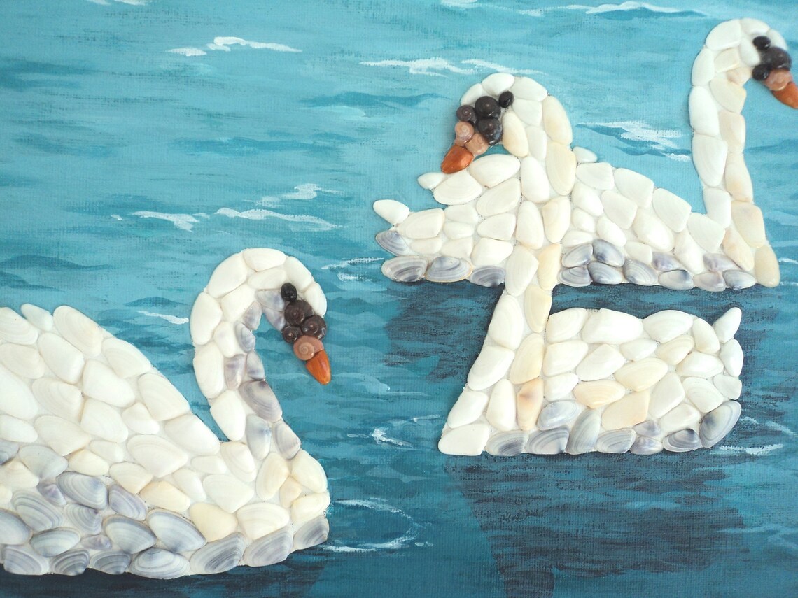 Swans in Seashell Mosaic Wall Art 3D Swans Painting Swimming - Etsy