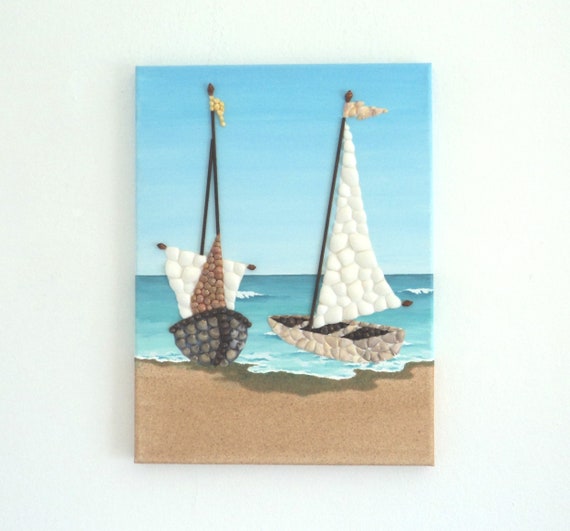Sailboats on the Shore in Seashell Mosaic Wall Art 3D | Etsy