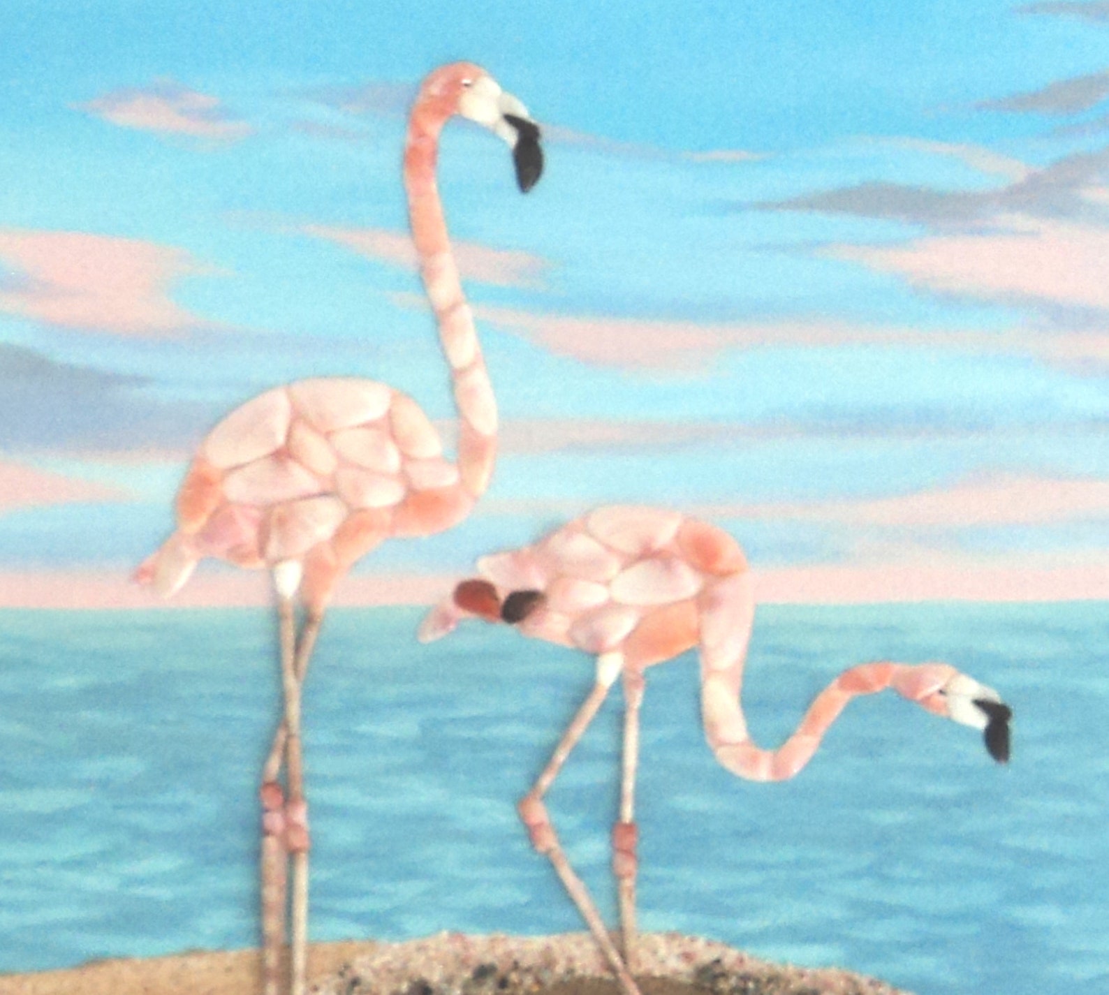Pink Flamingos on the Beach in Seashell Mosaic Wall Art - Etsy