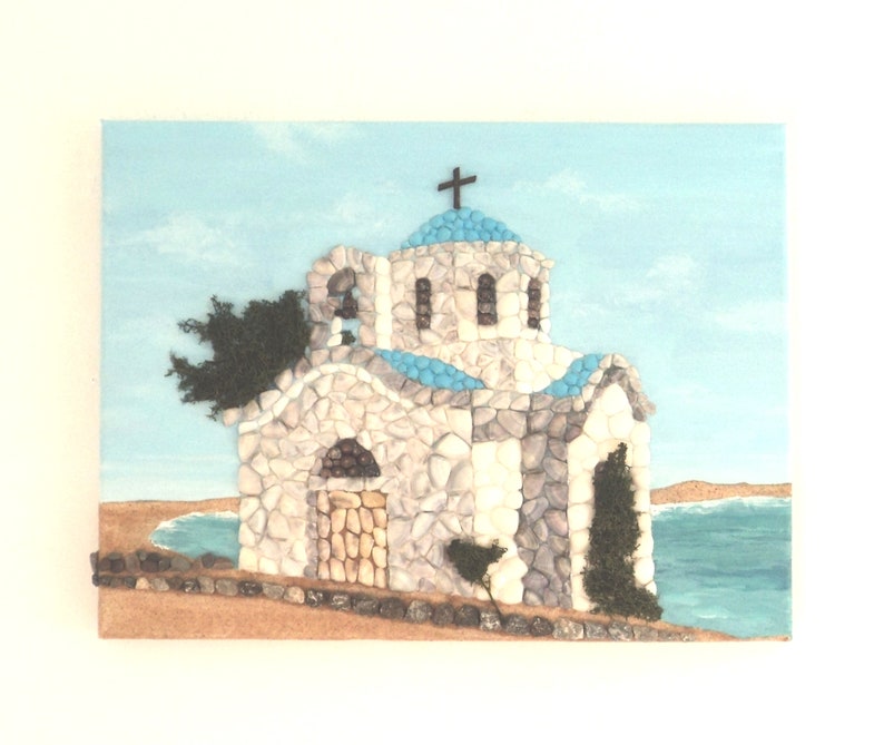Chapel by the Sea in Seashell Mosaic 3D Wall Art, Greek Church Painting ...