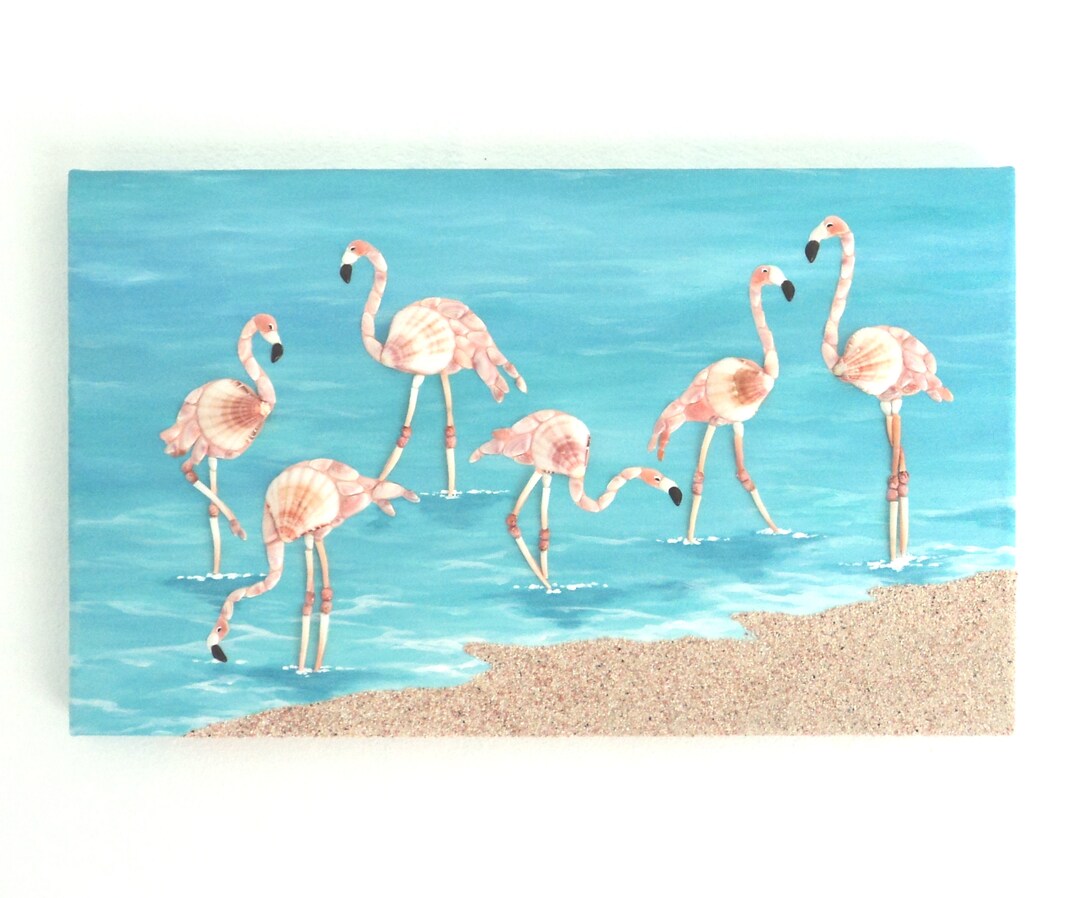 Flamingos in Seashell Mosaic 3D Wall Art, Pink Flamingos Painting ...