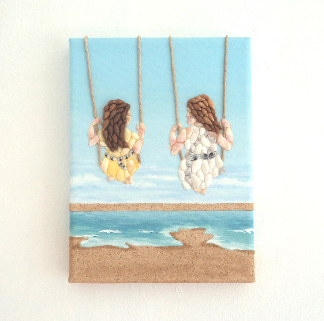 Girls on Swings on the Beach 3D Wall Art, Sisters on Swings Painting ...