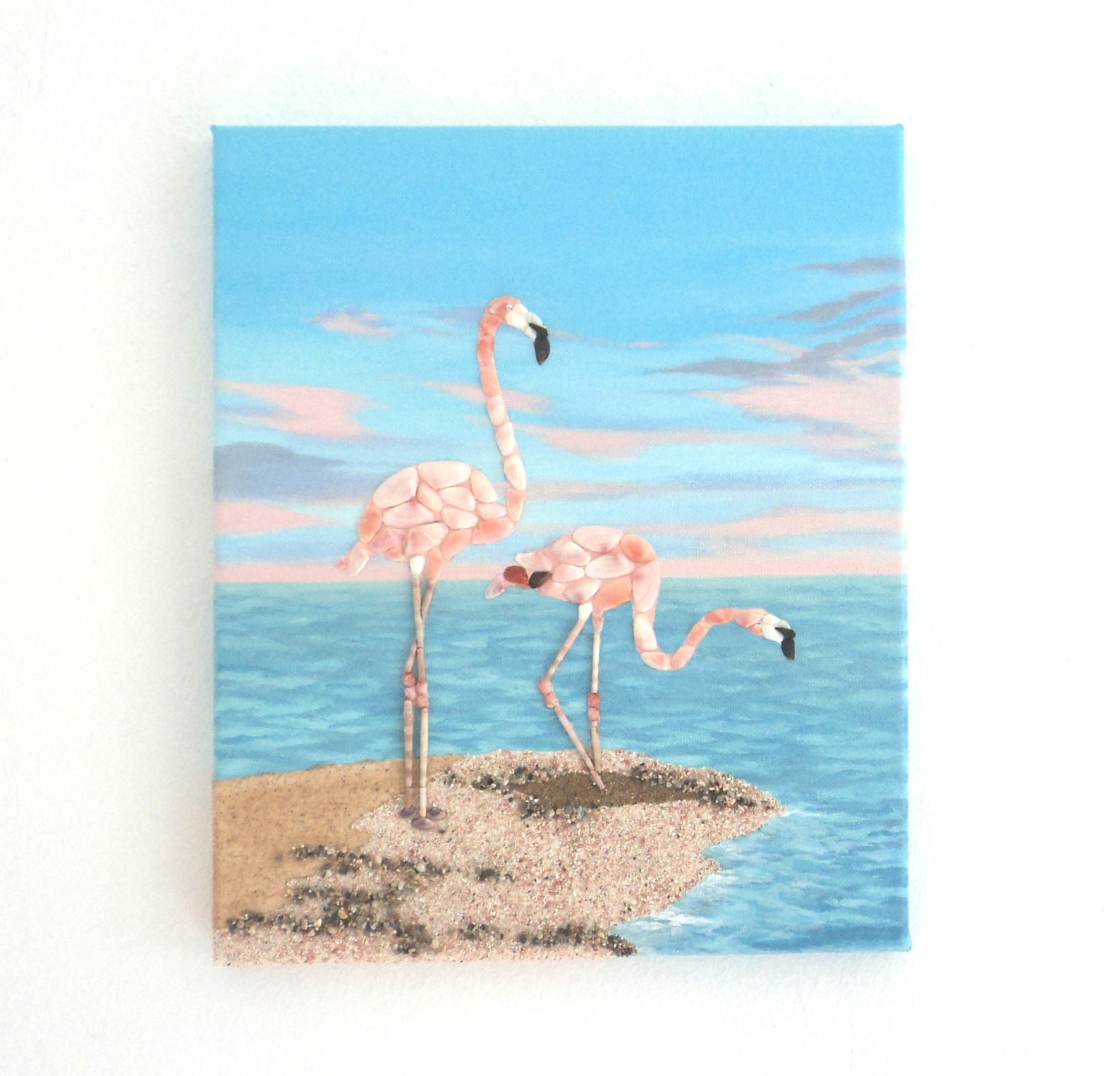 Pink Flamingos on the Beach in Seashell Mosaic Wall Art, Flamingos 3D ...