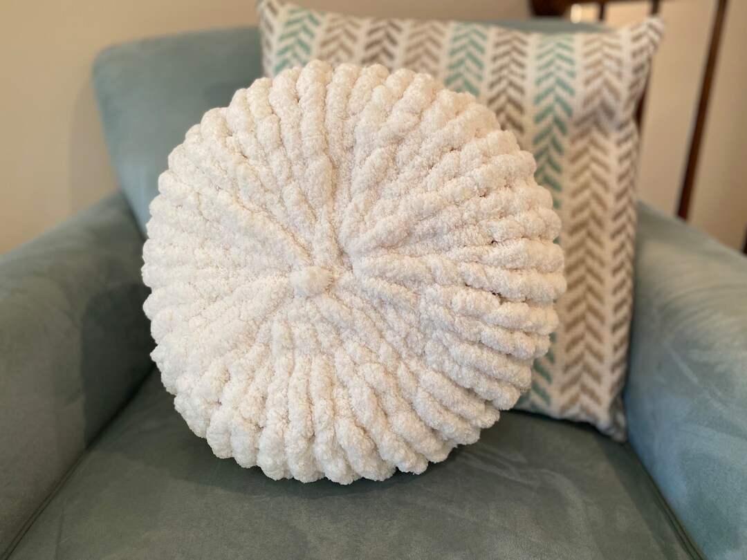 Large Chunky Yarn Knit Circle Throw Pillow | Cozy and Fluffy | Handmade ...