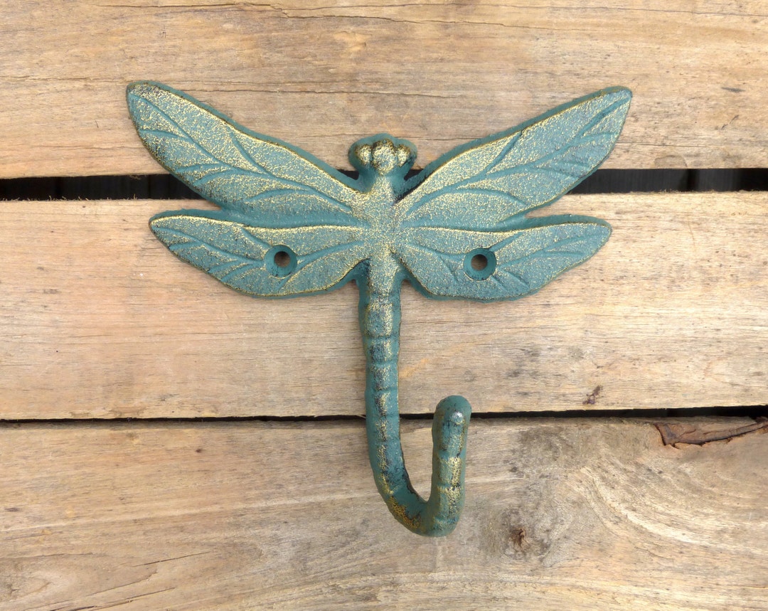 Dragonfly Wall Hook, Cast Iron Turquoise and Gold Dragonfly Hook, Robe ...