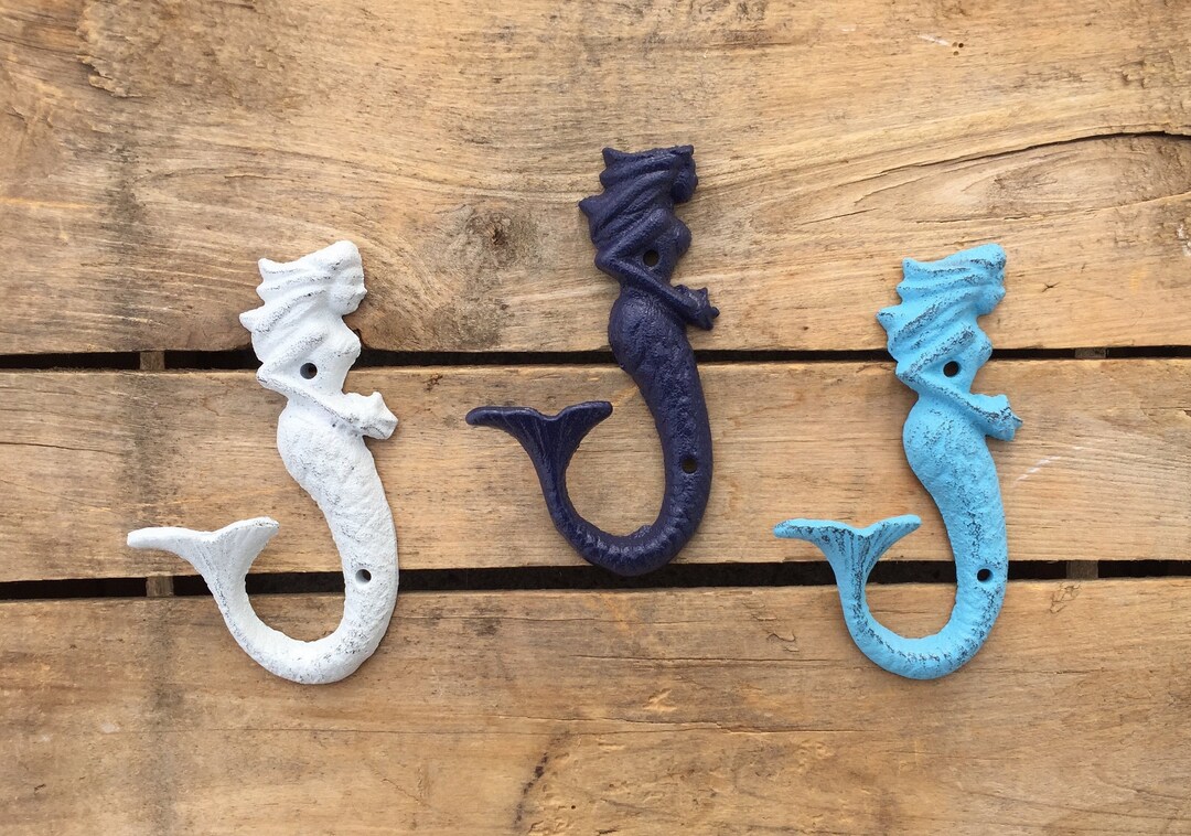 Mermaid Wall Hook, Cast Iron Mermaid Hook, Blue and White Mermaid Wall ...