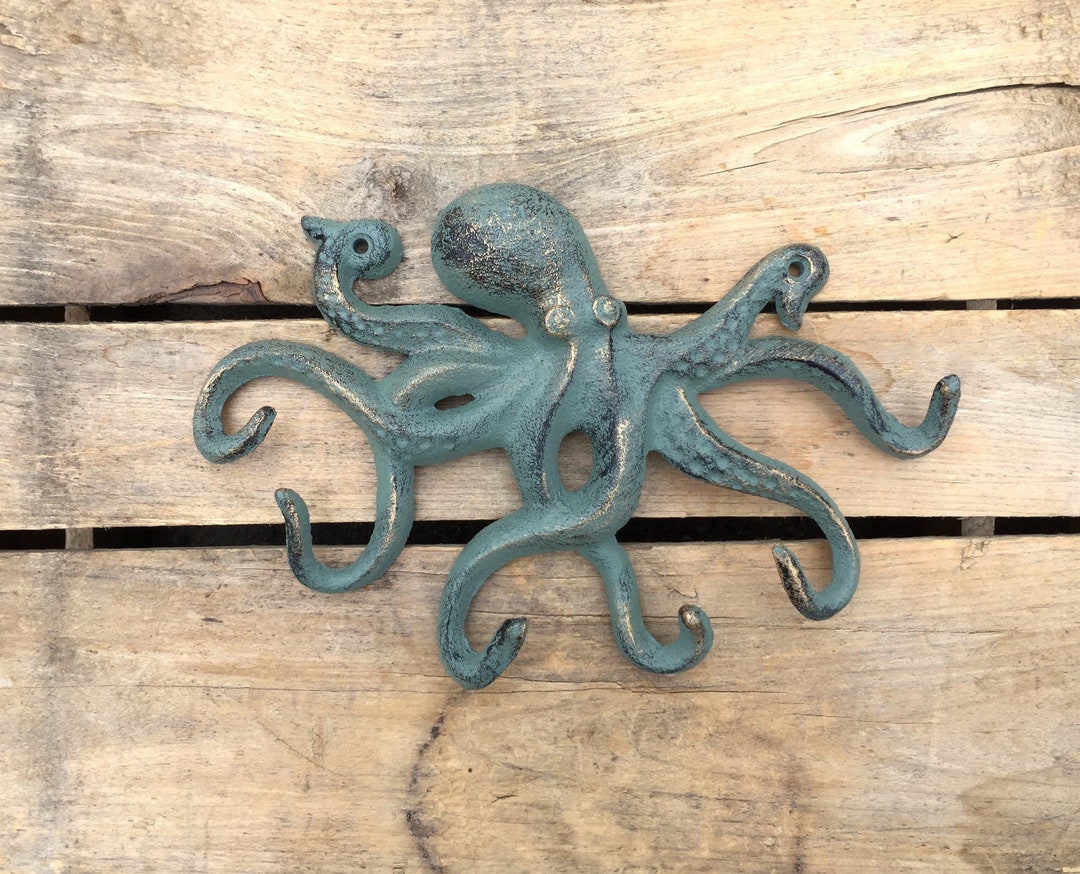 Octopus Key Rack, Octopus Wall Hook, Cast Iron Green and Gold Octopus ...