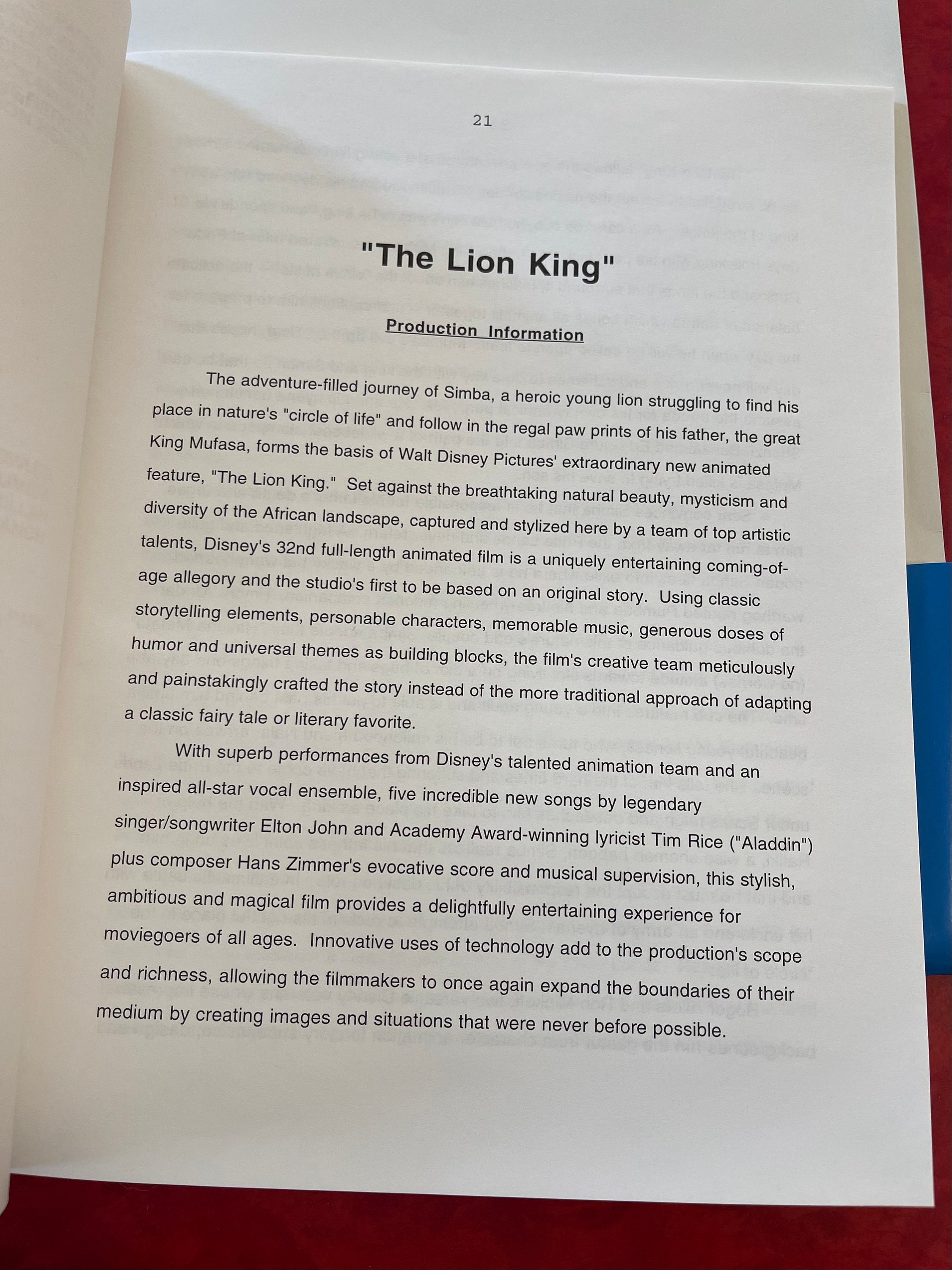 Walt Disneys the Lion King Film Movie Press Kit Media Folder - Etsy