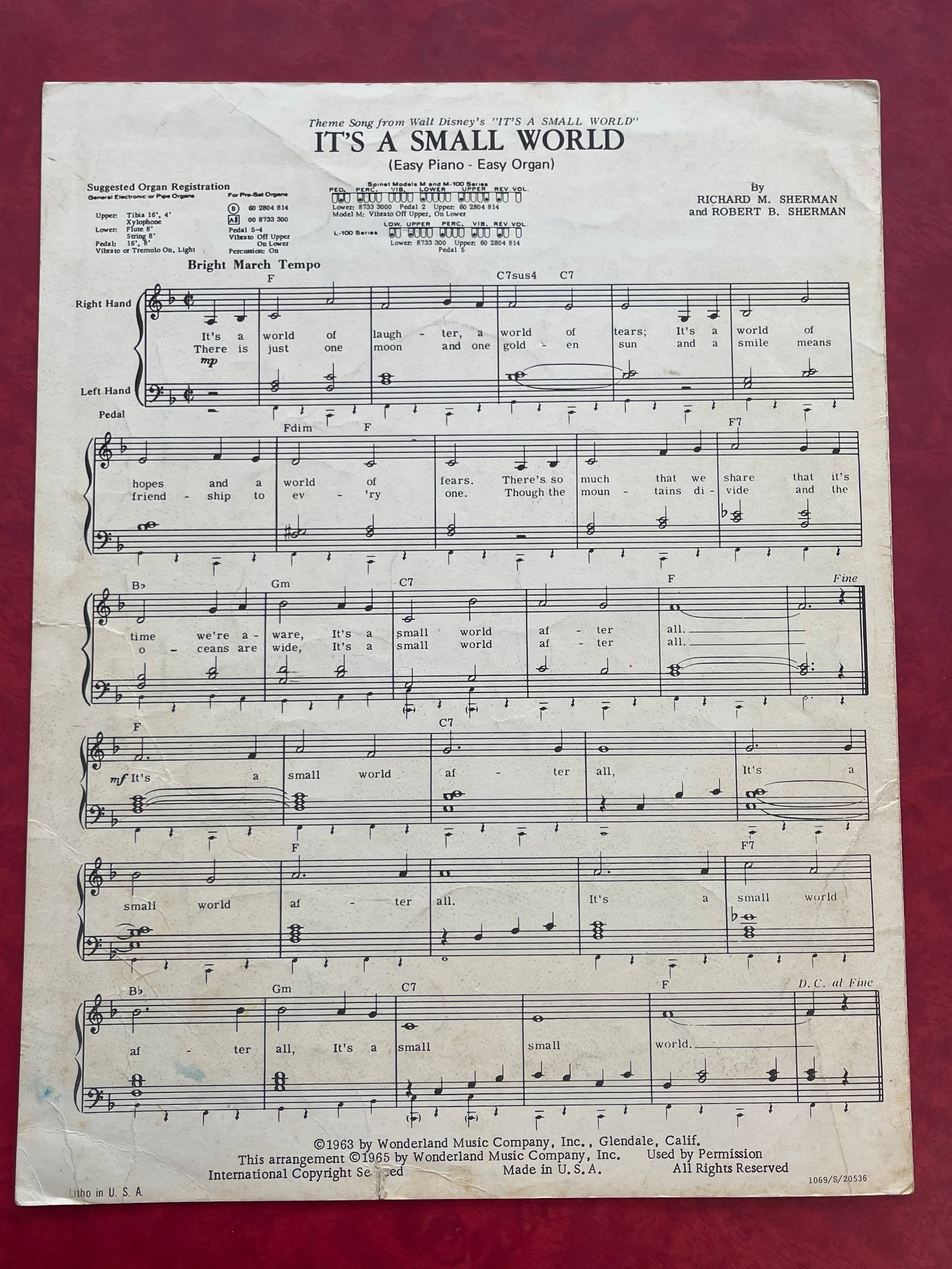 Walt Disneys Its A Small World Sheet Music Piano Wonderland - Etsy