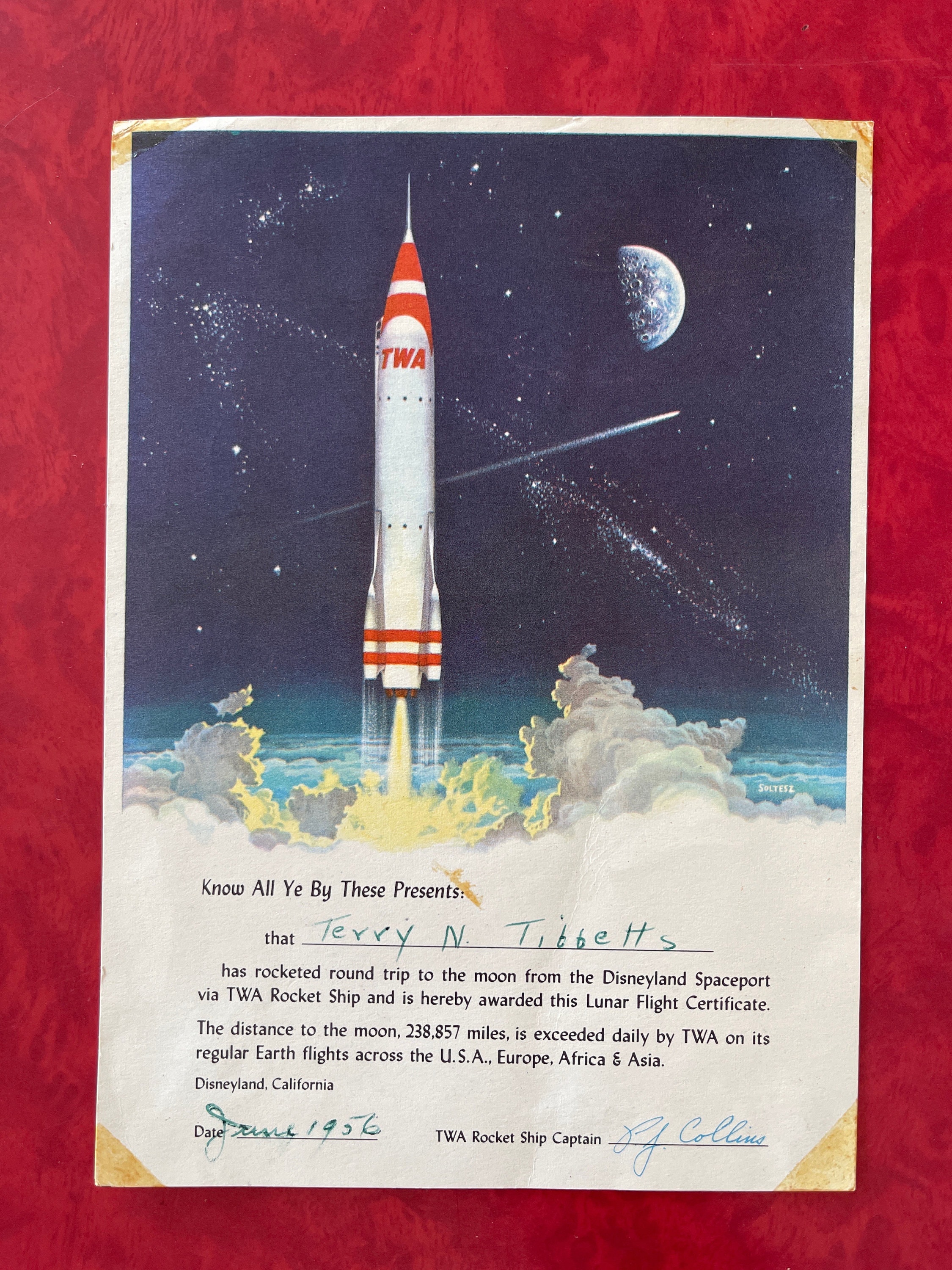 1956 Disneyland Lunar Flight Certificate From TWA Rocket in ...