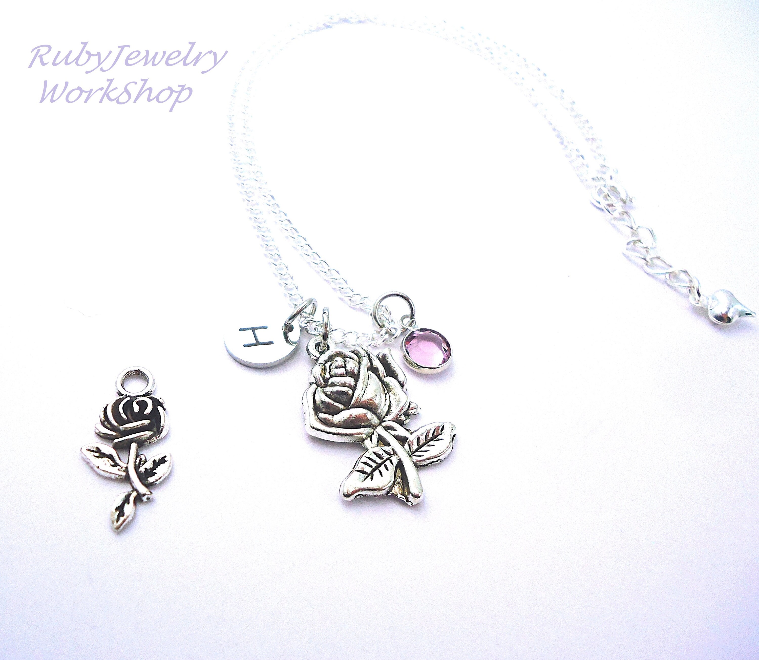 Rose Flower Chain Necklace initial Birthstone romantic - Etsy UK