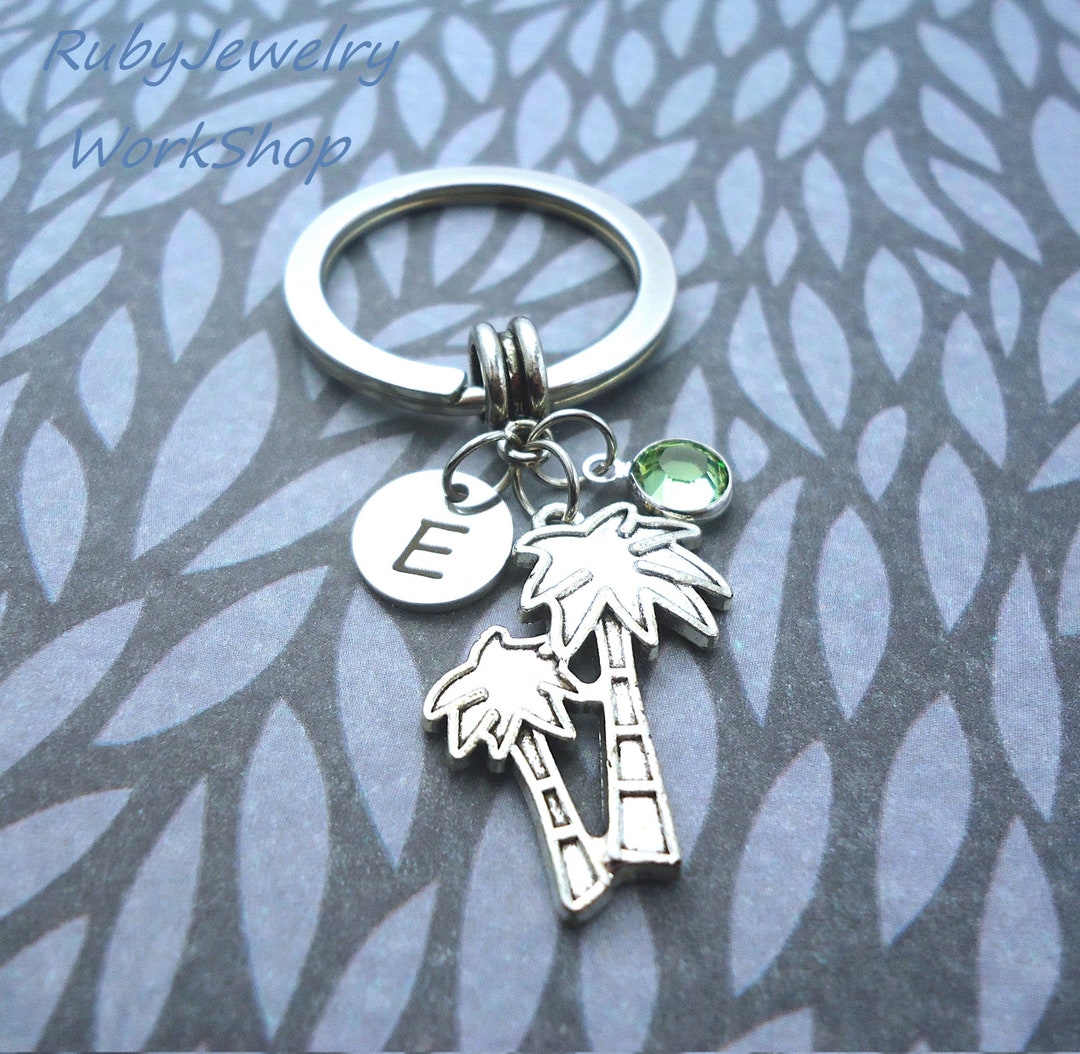 Palm Trees Key Chain-initial & Birthstone-double Palm Trees - Etsy