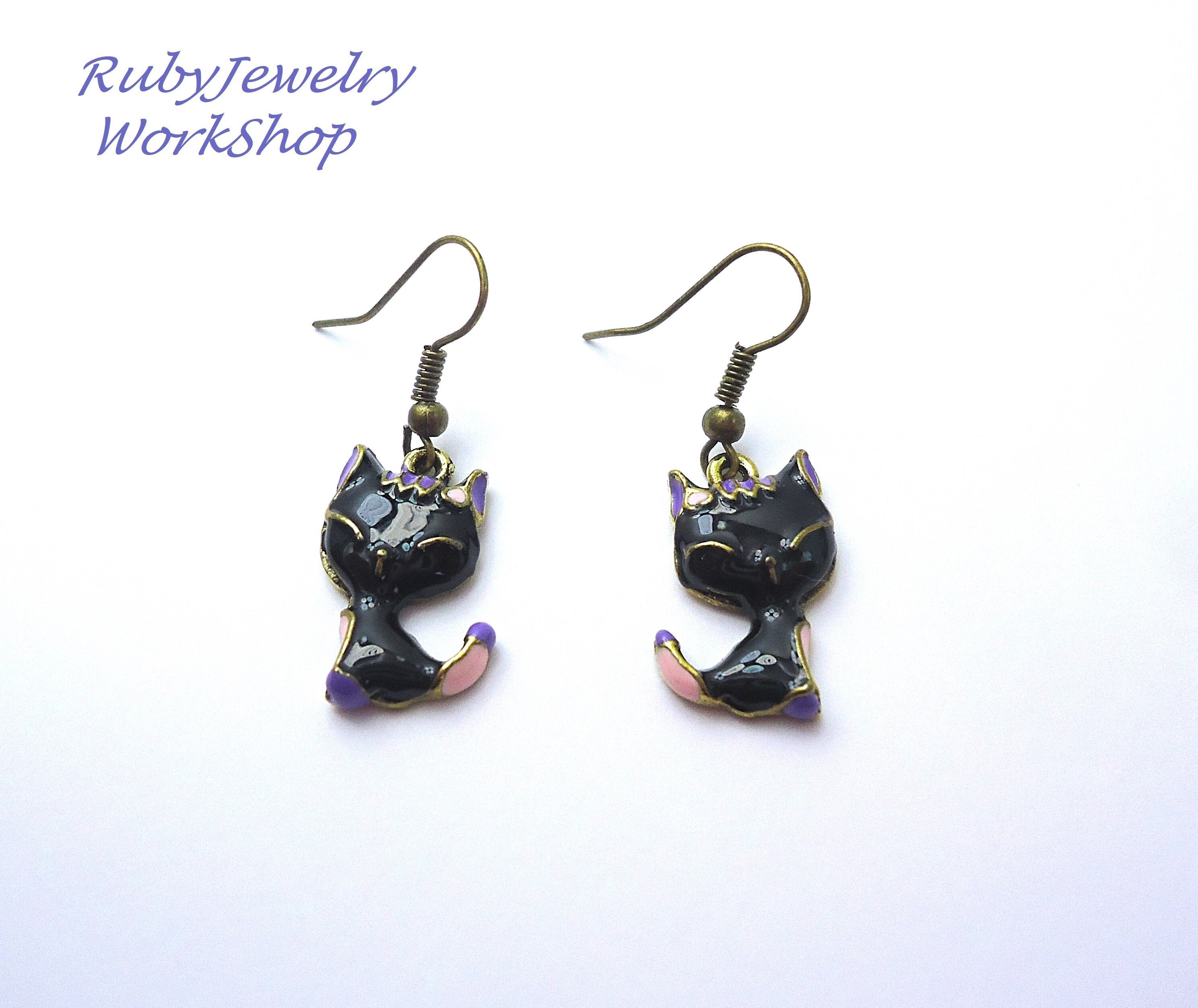 Kids/girls Cute Black Kitty Earrings Enamel Cat Jewelry, Cartoon Cat ...