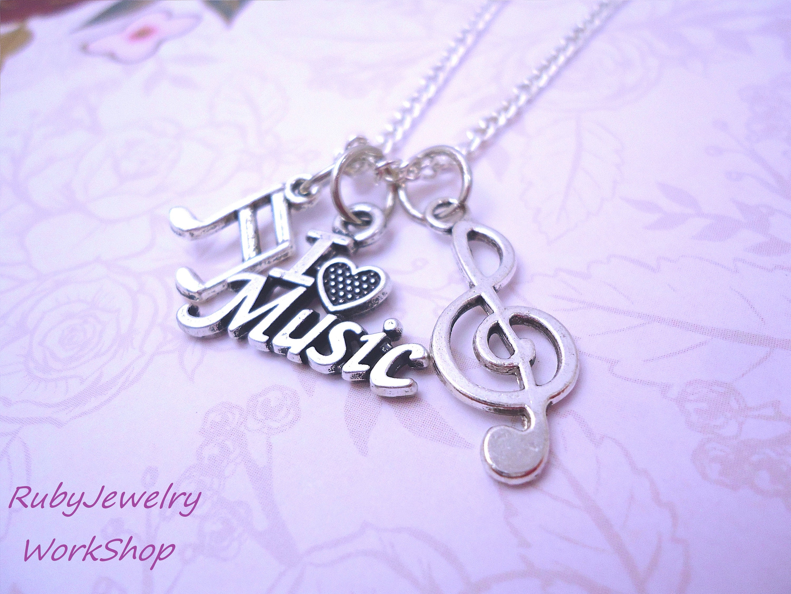 I Love Music Chain Necklace w/ Music Notes Initial | Etsy