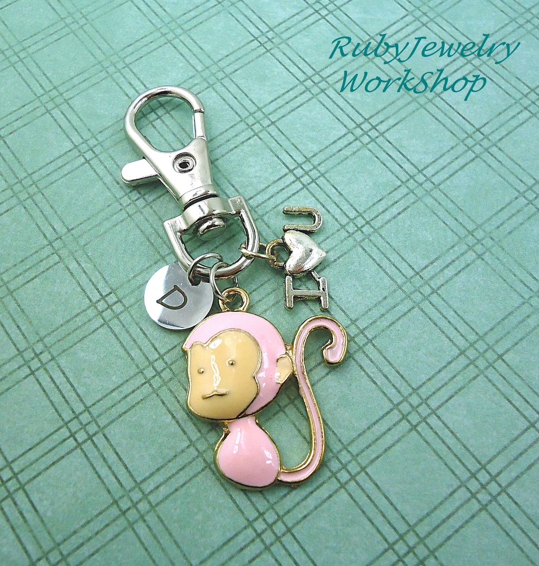 Initial Cute Enamel Pink Monkey Key Chain-birthstone Available-monkey ...