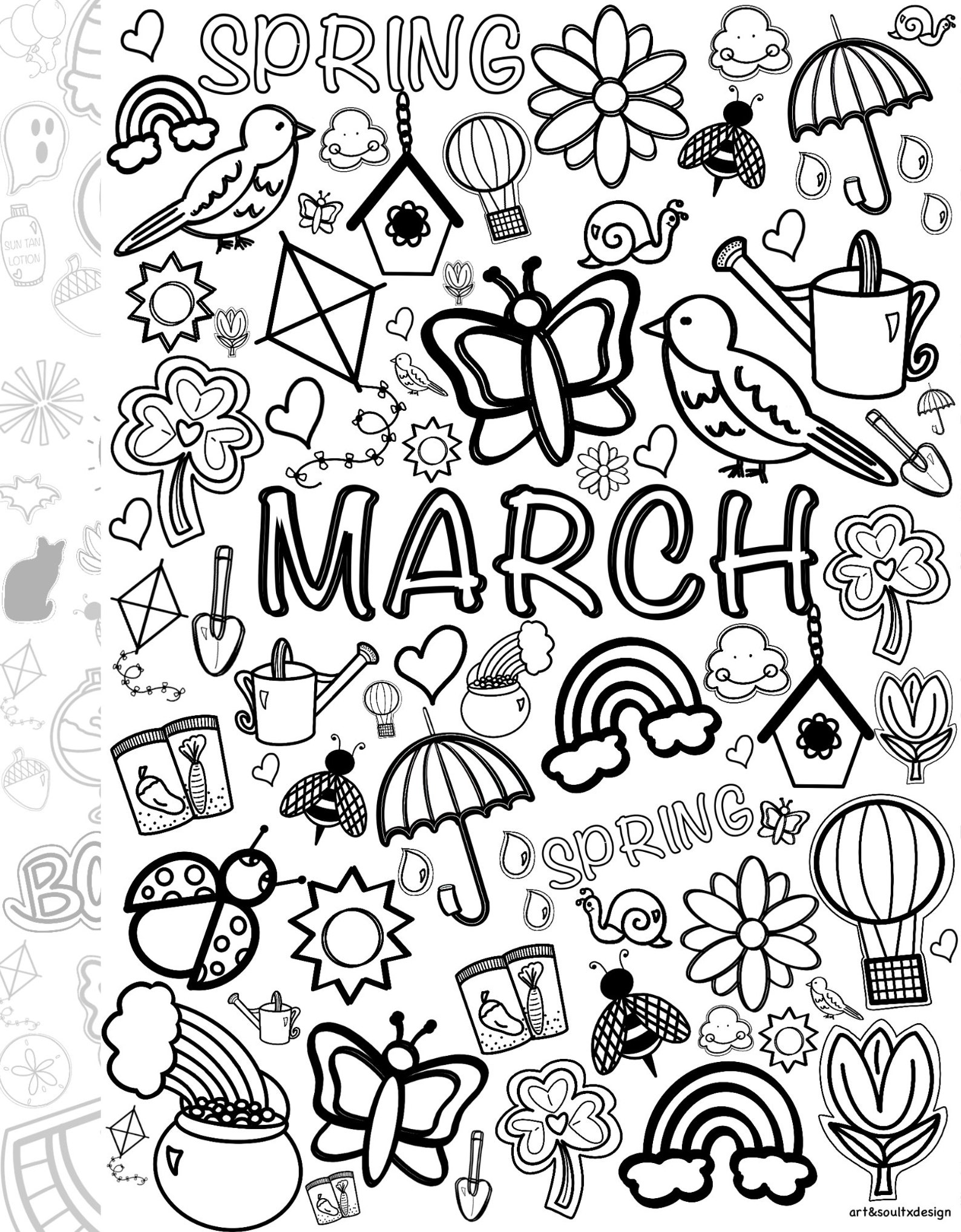 Hand-drawn Spring Coloring Pages, March, April, May, Seasonal, Easter ...
