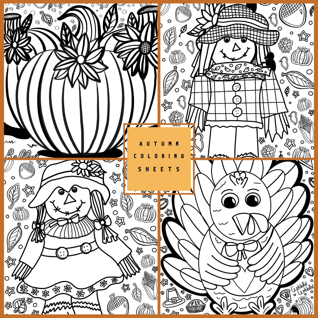 Autumn Hand-drawn Coloring Pages, Scarecrow, Turkey, Pumpkin, Seasonal ...